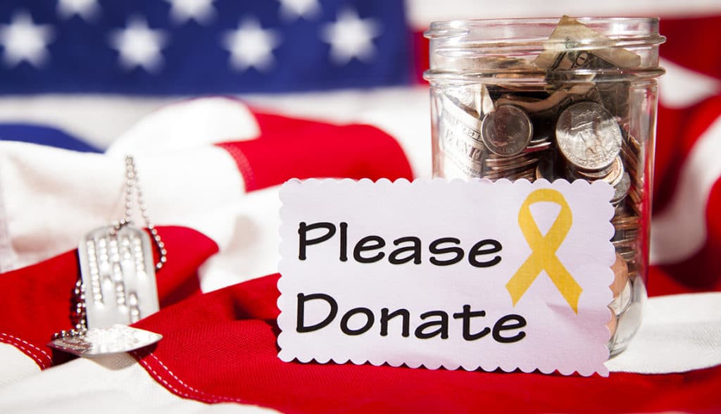 "Please Donate" note, collection jar. American flag. Fundraiser for ...